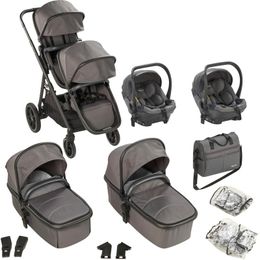 BABYGO Zwillings-Kombikinderwagen »Duo Mega Set, grau« inkl. 2 Babyschalen mit Adapter, Wickeltasche u. 2 Regenhauben grau