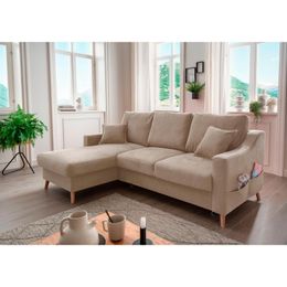 Inosign Ecksofa »Valentina L-Form« 2 Zierkissen, mit Seitentasche, ausziehbarer Liegefläche, Bettkasten beige