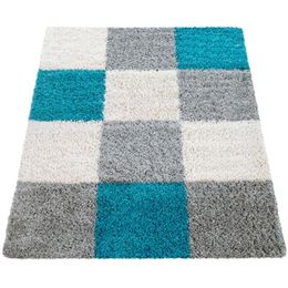 Paco Home Hochflor-Läufer »Mango 316« rechteckig 34 mm Höhe Teppich-Läufer, weicher Shaggy, modernes kariertes Design türkis Obermaterial: 100%...