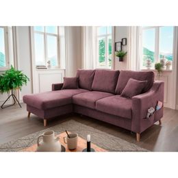 Inosign Ecksofa »Valentina L-Form« 2 Zierkissen, mit Seitentasche, ausziehbarer Liegefläche, Bettkasten bordeaux