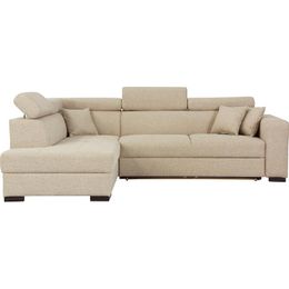 Home Affaire Ecksofa »Tulio L-Form« wahlweise mit Bettfunktion und Bettkasten, incl. 3 Zierkissen beige