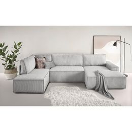 Home Affaire Wohnlandschaft »SHERWOOD 329 cm, U-Form, Schlafsofa, « Schlaffunktion m. Bettkasten (194x139 cm), Cord, Vintage, Samtvelours hellgrau