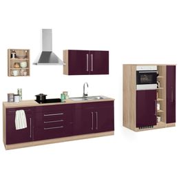 KOCHSTATION Küchenzeile »KS-Samos« Breite 350 cm, wahlweise mit E-Geräten und Induktionskochfeld Küche: lila + Front: aubergine Hochglanz +...
