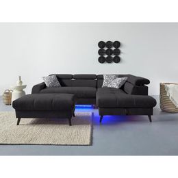 COTTA Ecksofa &raquo;Mia L-Form mit 3 Zierkissen&laquo; wahlweise mit Bettfunktion, Bettkasten, Beleuchtung & Wireless-Charger schwarz 100% Polyester