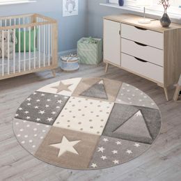 Paco Home Kinderteppich »Cosmo 340« rund 17 mm Höhe Kurzflor, Pastell-Farben, 3D Effekt, Motiv Berge, Punkte & Sterne Beige Obermaterial: 100%...