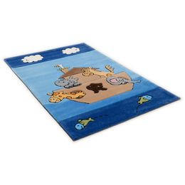 Theko Kinderteppich »Animals on Tour« rechteckig 14 mm Höhe Kurzflor, handgearbeiteter Reliefschnitt (Carving), Motiv Tiere blau Obermaterial: 100%...