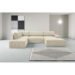 WERK2 Wohnlandschaft »Rotterdam-U, U-Form, in kuschelweichem Cord oder Breitcord« Design Sofa mit Schlaffunktion & Bettkasten, Cord, Natur Natur