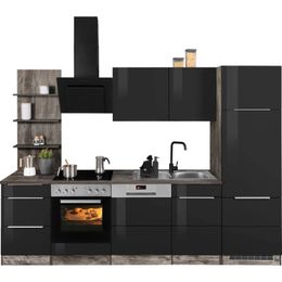 KOCHSTATION Küchenzeile »KS-Brindisi« Breite 280 cm, wahlweise mit E-Geräten, mit MDF-Fronten und Regal Küche: schwarz + Front: schwarz Hochglanz...