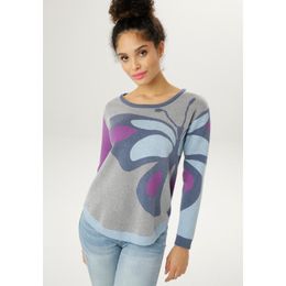 Aniston SELECTED Strickpullover mit eingestricktem Schmetterlingsmotiv grau-lila-rauchblau-hellblau 42 42 Damenpullover mit angesagtem Colorblocking