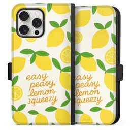 DeinDesign iPhone 15 Pro Max Handy Klapph&uuml;lle Handyh&uuml;lle aus Kunst Leder schwarz Flip Case Spruch Statement Lemon Sideflip mit Lasche