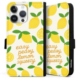 DeinDesign iPhone 14 Pro Max Handy Klapph&uuml;lle Handyh&uuml;lle aus Kunst Leder schwarz Flip Case Spruch Statement Lemon Sideflip mit Lasche