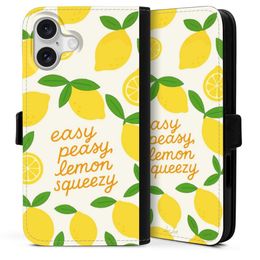 DeinDesign iPhone 16 Plus Handy Klapph&uuml;lle Handyh&uuml;lle aus Kunst Leder schwarz Flip Case Spruch Statement Lemon Sideflip mit Lasche