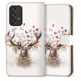 DeinDesign Galaxy A33 5G Handy Klapph&uuml;lle Handyh&uuml;lle aus Kunst Leder wei&szlig; Flip Case Flowers Deer Animals Sideflip mit Lasche