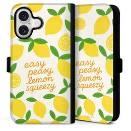 DeinDesign iPhone 16 Handy Klapph&uuml;lle Handyh&uuml;lle aus Kunst Leder schwarz Flip Case Spruch Statement Lemon Sideflip mit Lasche
