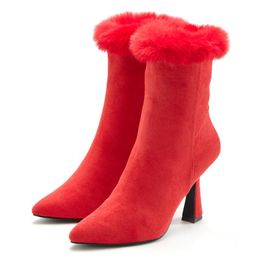 LASCANA Belle Affaire High-Heel-Stiefelette »Ankleboots mit Reißverschluss, « Spule Absatzschuh rot 43 43 Ankleboot mit flauschigem Fellimitatrand