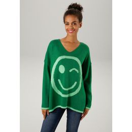 Aniston CASUAL Strickpullover mit eingestricktem Smiley smaragd-hellgr&uuml;n 36/38 36/38 Pullover mit leicht abgerundetem V-Ausschnitt