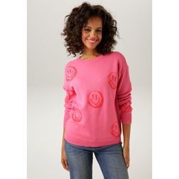 Aniston CASUAL Strickpullover mit eingestrickten Smileys pink-rot 36 36 Pullover mit Rundhals-Ausschnitt