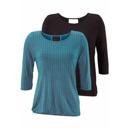 Lascana Damen Lascana 3/4-Arm-Shirt &raquo;mit modischem Cut-out&laquo; 2er-Pack, aus weichem Viskose-Stretch gr&uuml;n 32/34