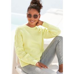 Lascana Rundhalspullover mit Zopfstrickdetails an den Ärmeln, farbenfroher Strickpullover limone 36/38