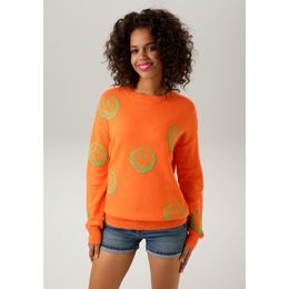 Aniston CASUAL Strickpullover mit eingestrickten Smileys orange-apfelgrün 42 42 Pullover mit Rundhals-Ausschnitt