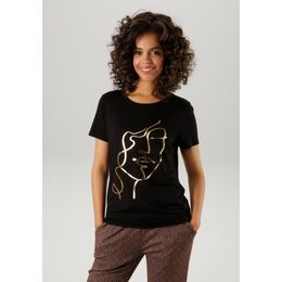 Aniston CASUAL T-Shirt mit abstraktem Gesicht aus glänzendem Folienprint schwarz-goldfarben 38 38 Shirt aus weich fließender, elastischer Viskose