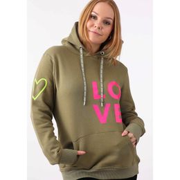 Zwillingsherz Damen Kapuzensweatshirt, mit gesticktem Neon Herz am &Auml;rmel und "Love" Schriftzug auf Kordel gr&uuml;n S/M