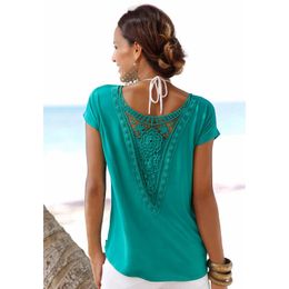 Lascana Damen Lascana Strandshirt mit Spitzeneinsatz, T-Shirt, lockere Passform, casual-chic blau 32/34