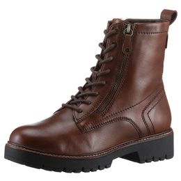 Tamaris Damen Schnürboots, Gr. 41, braun, Glattleder, unifarben, used, Schuhe, Blockabsatz, Schnürstiefelette, Combat-Boots mit Kontrast-Rahmennaht