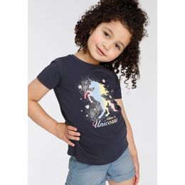 Kidsworld M&auml;dchen T-Shirt "believe in Unicorns", blau, Gr. 104, bedruckt, Single Jersey, Obermaterial: 100% Baumwolle, Shirts, Kurzarm, h&uuml;ftlange