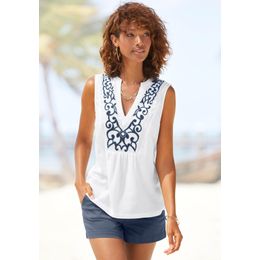 Lascana Damen Blusentop, blau, Gr. 40, bestickt, Web, Obermaterial: 58% Viskose, 28% Baumwolle, 14% Leinen, Blusen, mit Stickerei am V-Ausschnitt