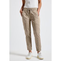 Street One Damen Stoffhose, beige, Gr. 46, unifarben, Web, 97% Baumwolle, 3% Elasthan, Hosen, Elastikbund mit Tunnelzug