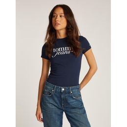Damen Rundhalsshirt "Shirt TJW SLIM ESSENTIAL", blau, Gr. XXXL, Tommy Jeans CURVE, bedruckt, unifarben, Jersey, Obermaterial: 70% Baumwolle, 30%