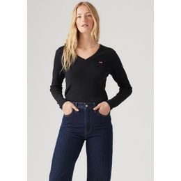 Levi's LEVI'S Damen Langarmshirt "ESSENTIAL HM LS VNECK", schwarz, Gr. M, unifarben, Single Jersey, Obermaterial: 100% Baumwolle, Shirts, mit Logo Stickerei