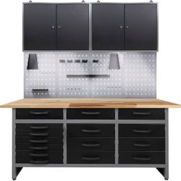 Werkstatt-Set ONDIS24, schwarz (anthrazit, schwarz, grau), B:160cm H:205cm T:60cm, Metall, Werkbänke, 160 cm, mit LED