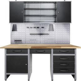 Werkstatt-Set ONDIS24 "Harry", schwarz (anthrazit, grau, schwarz), B:160cm H:205cm T:60cm, Metall, Werkbänke, mit LED Touch-Lampen, inkl. Hakenset