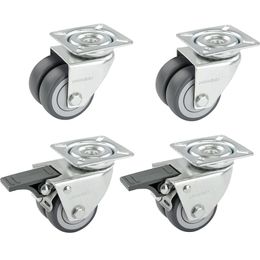 Proroll Set Doppelrollen aus thermoplastischen Gummireifen, 4 Lenkrollen davon 2 mit Doppelstopp, mit Montageplatte, Rad-Ø x Breite 75 x 23 mm, Kugellager
