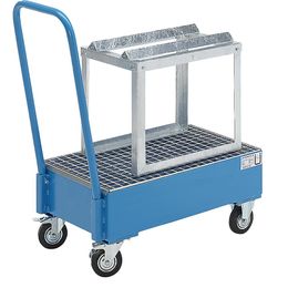 eurokraft basic Fahrbare Auffangwanne aus Stahlblech, LxB 800 x 500 mm, 1 x 60-l-Fass liegend, blau RAL 5012