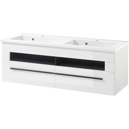 Inosign Waschtisch &raquo;Cantara, Waschtisch inkl. Waschbecken, modernes Design&laquo; mit schwarzen Griffen, ausreichend Stauraum wei&szlig;/wei&szlig; Hochglanz + wei&szlig;