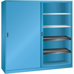 LISTA Schiebetürenschrank mit Vollblechtüren, 4 Fachböden, 4 Auszugböden, lichtblau