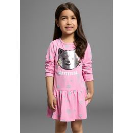 Jerseykleid Kidsworld "Kleid mit Pailletten", Mädchen, Gr. 92/98, N-Gr, rosa (rosa gemustert), Jersey, Obermaterial: 57% Baumwolle, 38% Polyester, 5% Elasthan, bedruckt, figurumspielend ca. Mitte Oberschenkel, Rundhals, abgesteppte Kante, Kleider, Shirtkleid mit süßer Paillettenapplikation