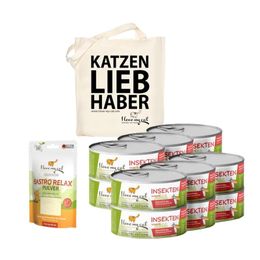 Futterset f&uuml;r Katzen mit sensibler Verdauung - getreidefreies Nassfutter mit Insekten + Gastro Relax Pulver + Jutebeutel