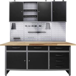 Werkstatt-Set ONDIS24, schwarz (anthrazit, schwarz, grau), B:160cm H:205cm T:60cm, Metall, Werkbänke, 160 cm, mit LED