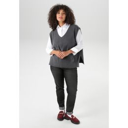 Pullunder ANISTON PLUS, Damen, Gr. 46, grau (anthrazit melange), Strick, Obermaterial: 74% Polyacryl, 23% Polyester, 3% Elasthan, unifarben, figurumspielend h&uuml;ftbedeckend, V-Ausschnitt, Pullover Pullunder, mit V-Ausschnitt - NEUE KOLLEKTION