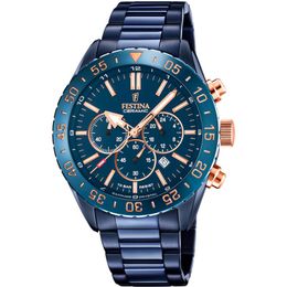 Festina Chronograph »Keramik Kollektion« Armbanduhr, Quarzuhr, Herrenuhr, Stoppfunktion, Edelstahlarmband metallicblau Ausdrucksstarker Chronograph...