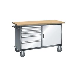 LISTA Kompaktwerkbank, fahrbar, 5 Schubladen, 1 Tür, 1 Fachboden, Korpus grau metallic, Front lichtgrau