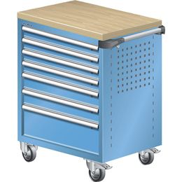 LISTA Werkstattwagen, mit Multiplex-Holzabdeckung 40 mm, 7 Schubladen, blau
