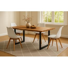 Essgruppe 5tlg. 140 x 80 cm Baumkante Akazie natur massiv 4x Schalenstühle Weiß U-Gestell Schwarz QUINN
