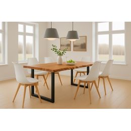Essgruppe 7tlg. 180 x 90 cm Baumkante Akazie natur massiv 6x Schalenstühle Weiß U-Gestell Schwarz QUINN