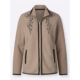 WITT Damen Fleecejacke mit Stickerei, sesam-schwarz, Gr&ouml;&szlig;e 46