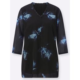 WITT Damen Tunika mit R&uuml;schen am Ausschnitt, schwarz-aquamarin-bedruckt, Gr&ouml;&szlig;e 48